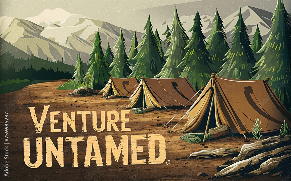 "Venture Untamed" – A rustic camping scene with tents nestled among ...