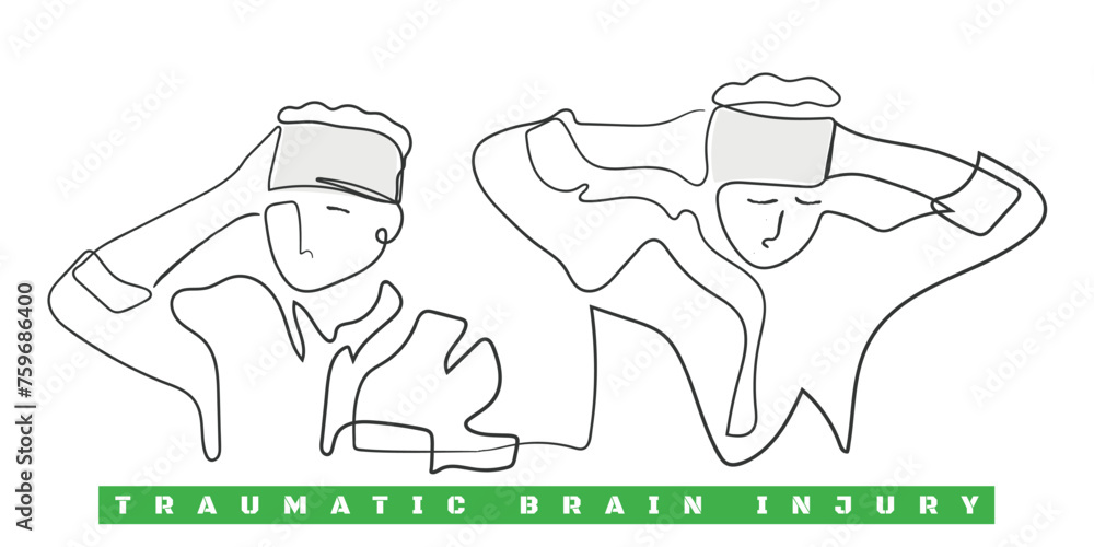 Hand drawn line art depicting Brain Injury. Traumatic Brain Injury ...