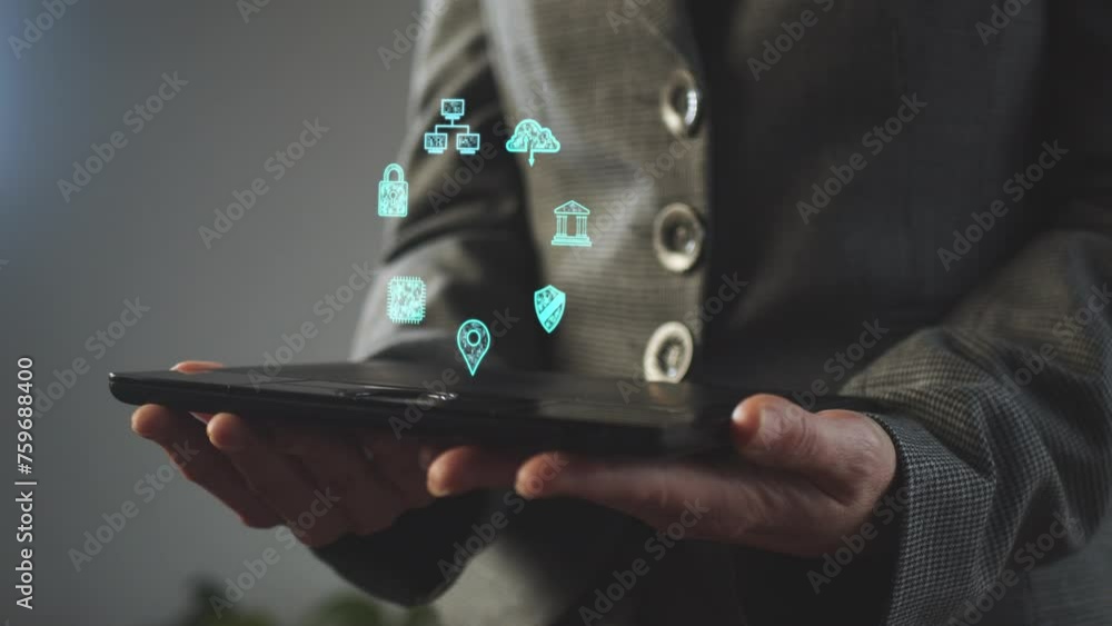 Cg footage on the topic of digitalization. A businesswoman holds a ...