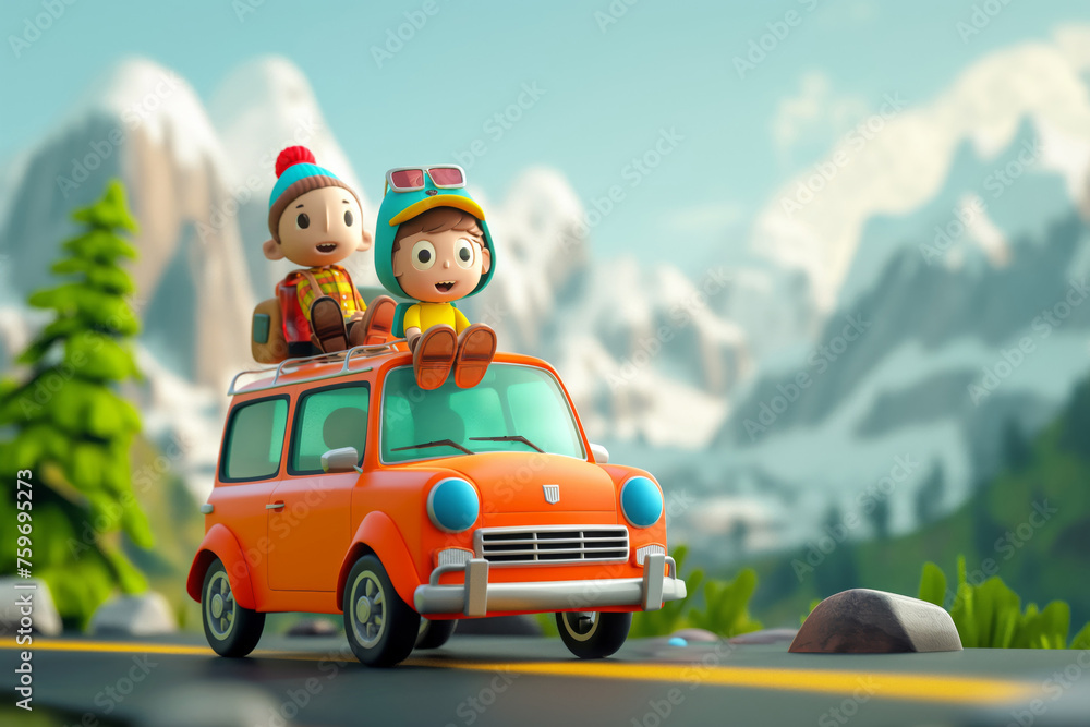 Playful and fun animated cartoon adventure road trip with classic car ...