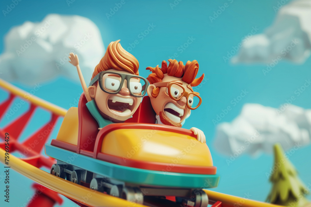 3d illustration of two cartoon characters having fun on a roller ...