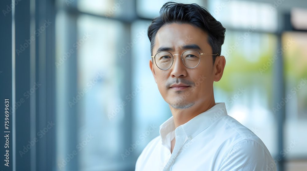 Handsome 45 years old gentle Korean man, wearing glasses, formal slick ...
