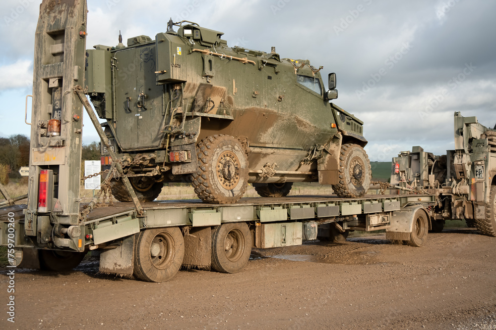 British army Foxhound 4x4-wheel drive protected patrol vehicle on a low ...