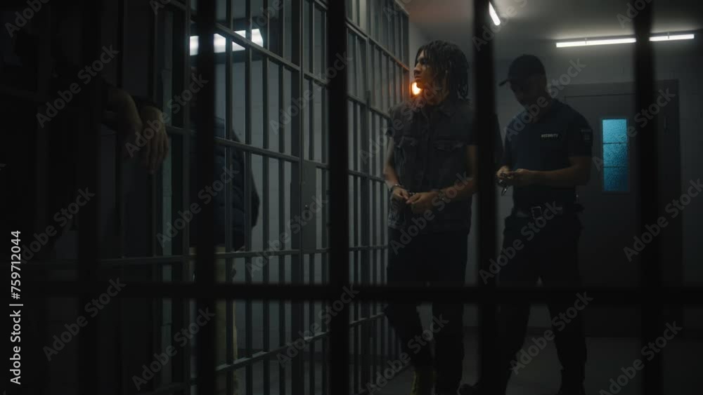 Vidéo Stock Warden brings new prisoner in jail cell and takes off his ...