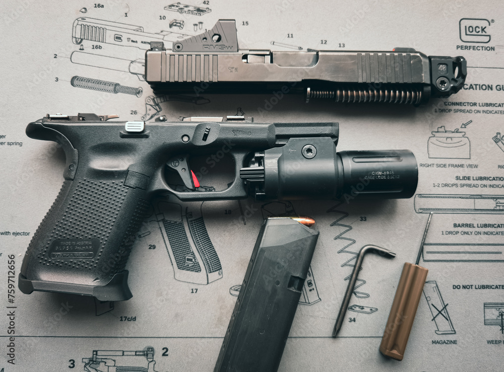 Baltic States, March 16, 2024. A disassembled Glock 19 gen5 tactical ...