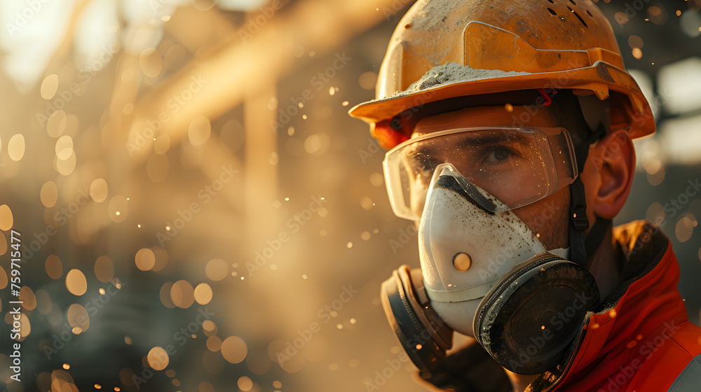Professional construction worker wearing a high-grade dust mask ...