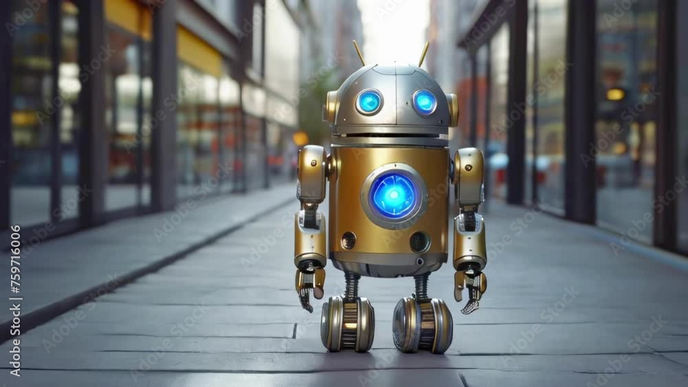 Vidéo Stock Futuristic robot exploring city sidewalk. Autonomous ...