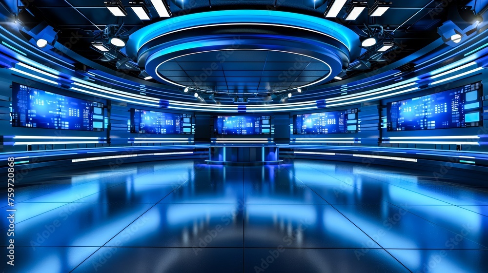 An ultra-modern, high-tech newsroom with holographic screens and sleek ...