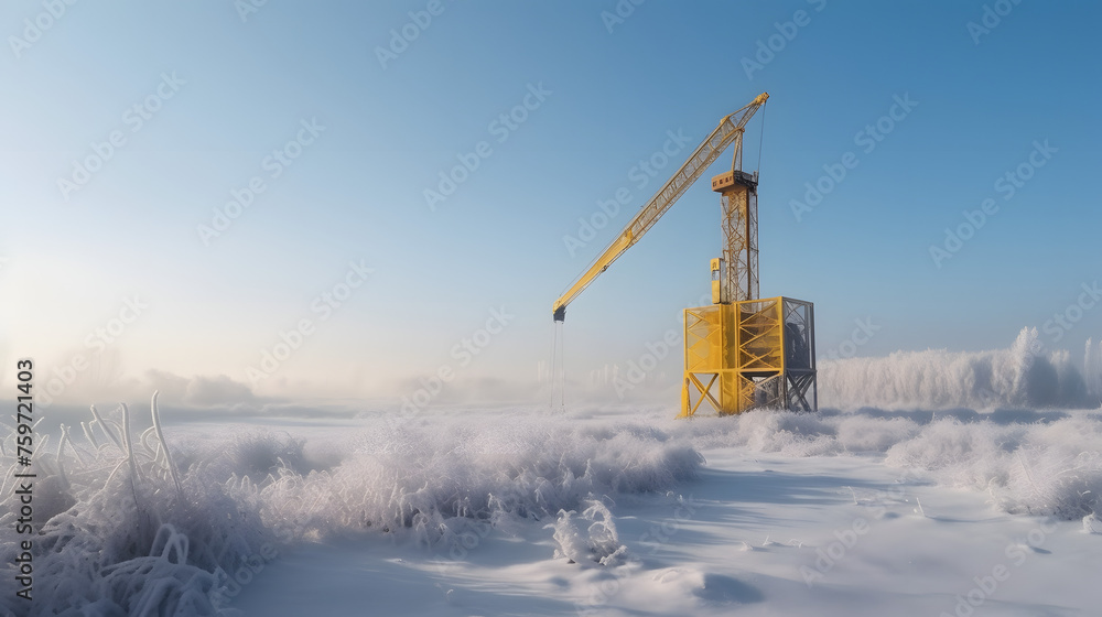 Winter's embrace: a yellow construction crane under the pale blue sky ...