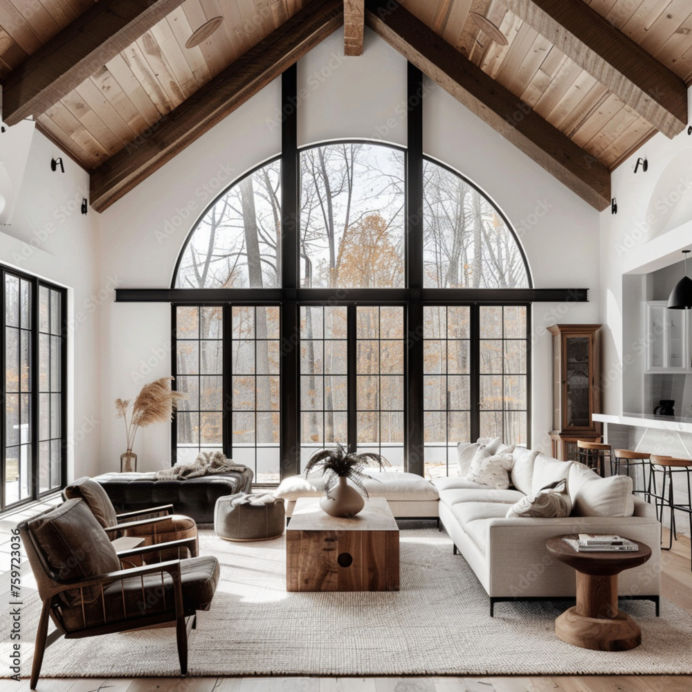 a modern living room with vaulted ceiling and black mullion windows ...