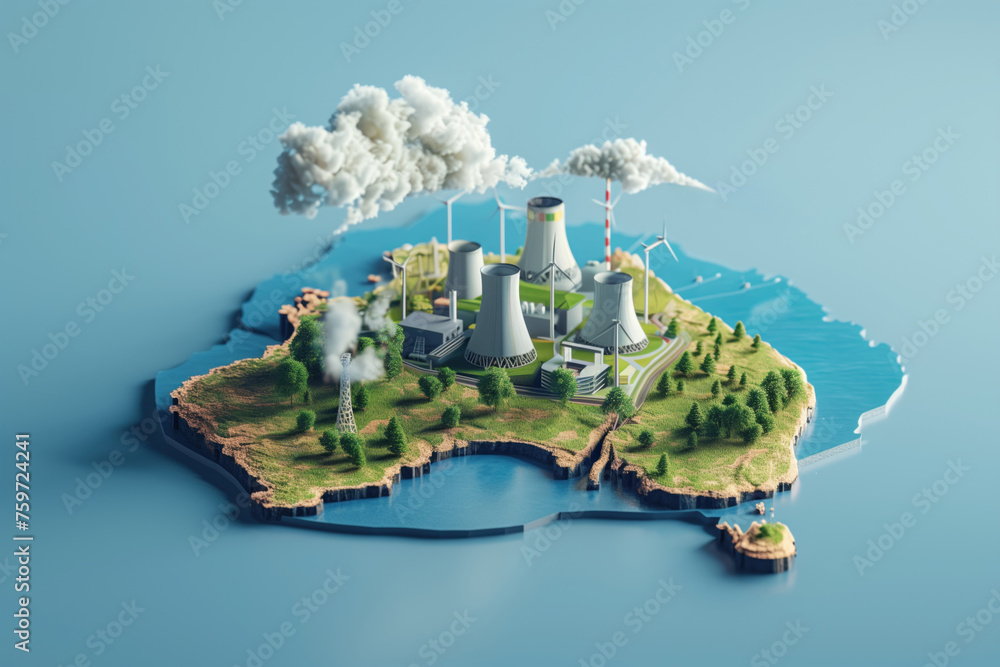 3D model of Australia with a nuclear power plant, representing climate ...