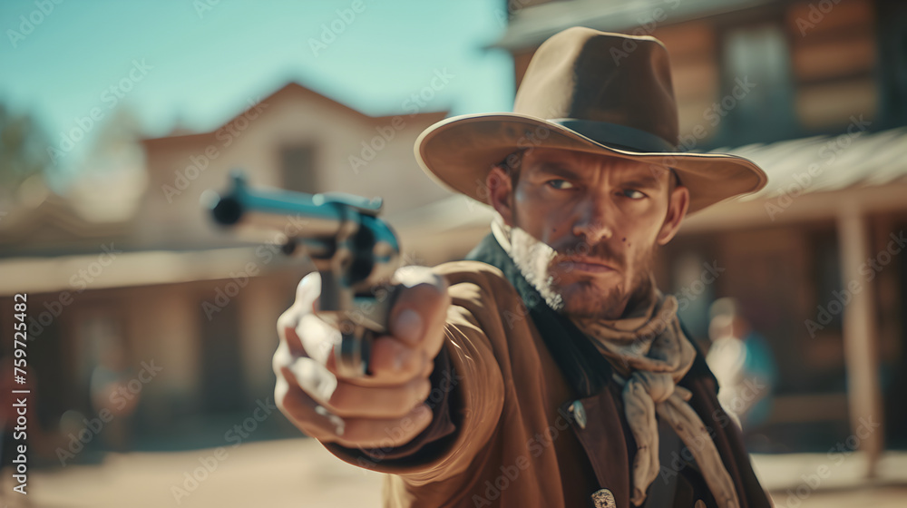 Western movie shot, front view of a cowboy ready to do a duel in middle ...