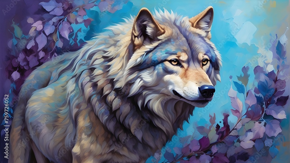 wolf in the woods, A majestic wolf, its fur a vibrant blend of organic ...