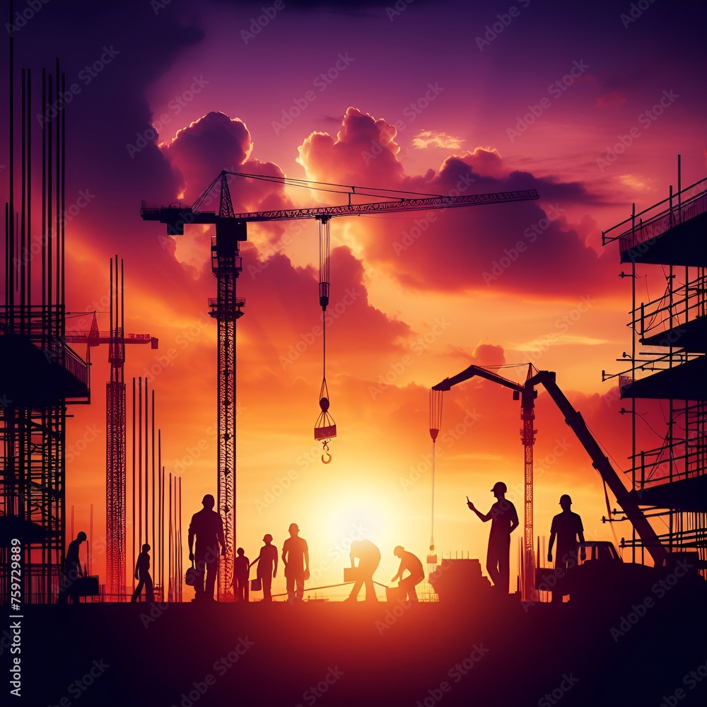 silhouette the group of construction workers, work in binding rebar and ...