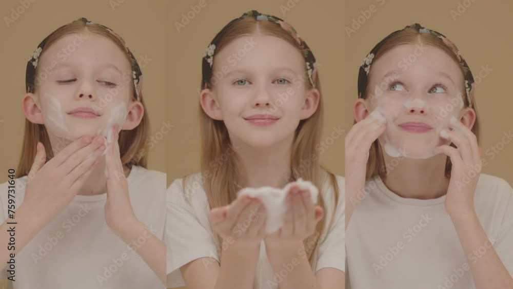 Multiple videos collage view. Funny Caucasian teenage girl washes face ...