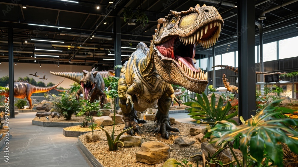 Realistic, life-size dinosaur models dominate the exhibition space of a ...