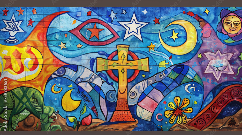 A vibrant mural depicting the peaceful coexistence of multiple ...