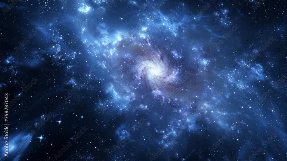This image presents a majestic spiral galaxy, its arms wrapped in a ...