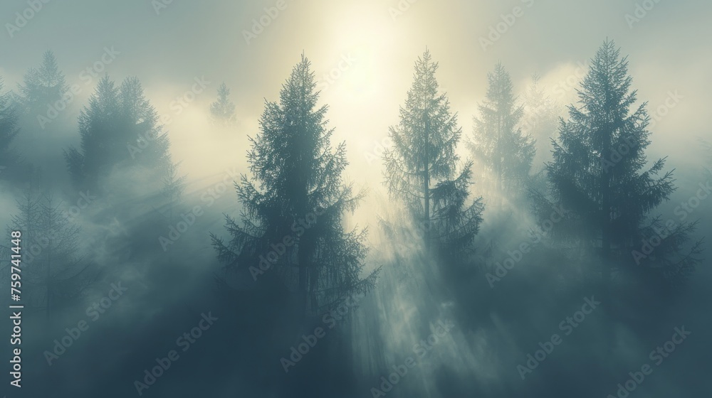 A minimalist photograph of a misty forest, with tall trees fading into ...