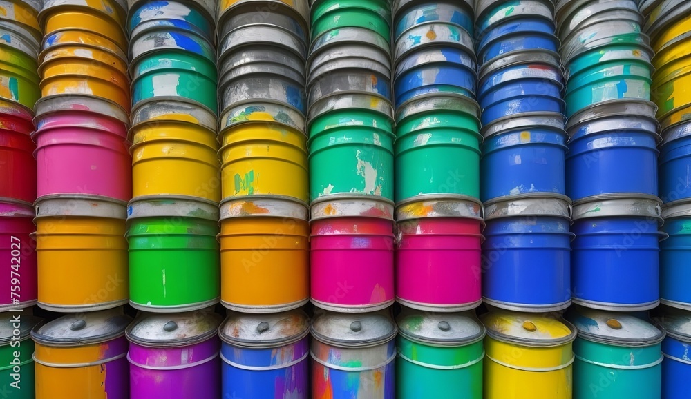 Hundreds of paint cans in multiple colors. Many paint cans, open, and ...
