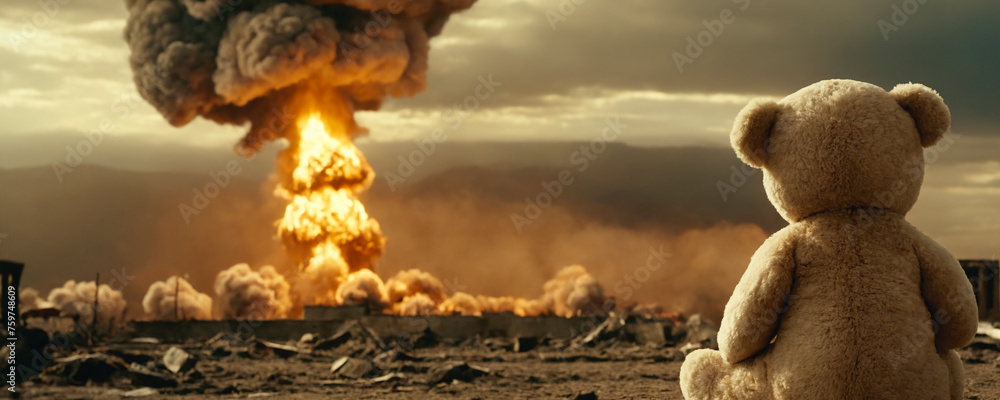 Teddy bear sitting on the ground in front of a big explosion during the ...