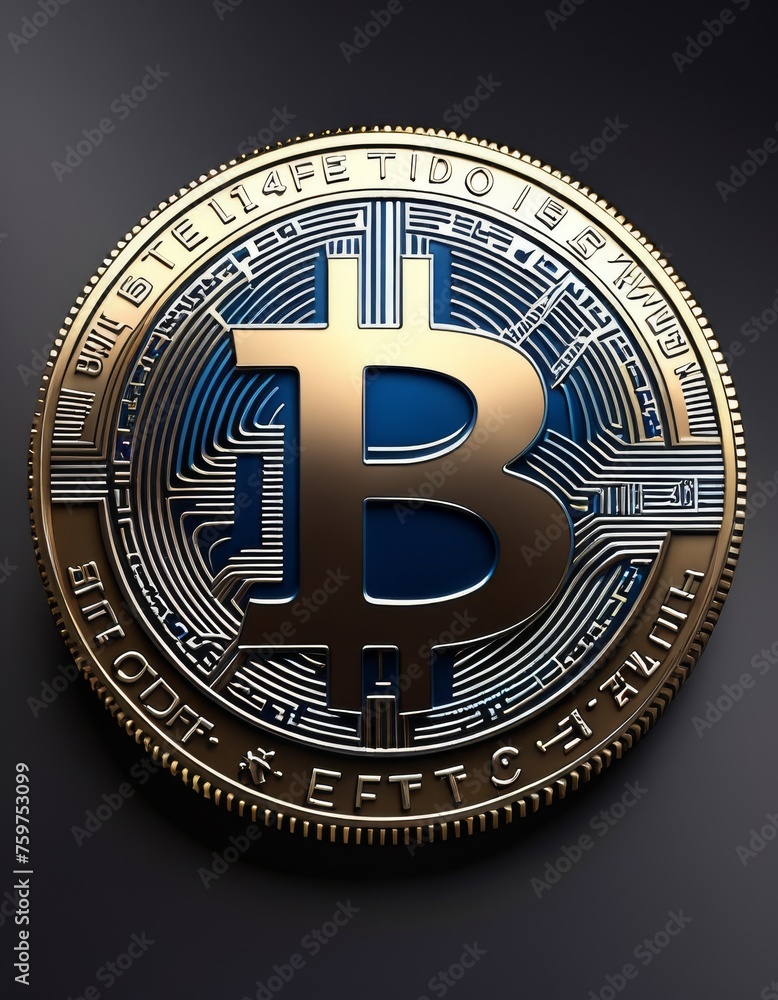 This image captures a pristine Bitcoin coin with a reflective surface ...