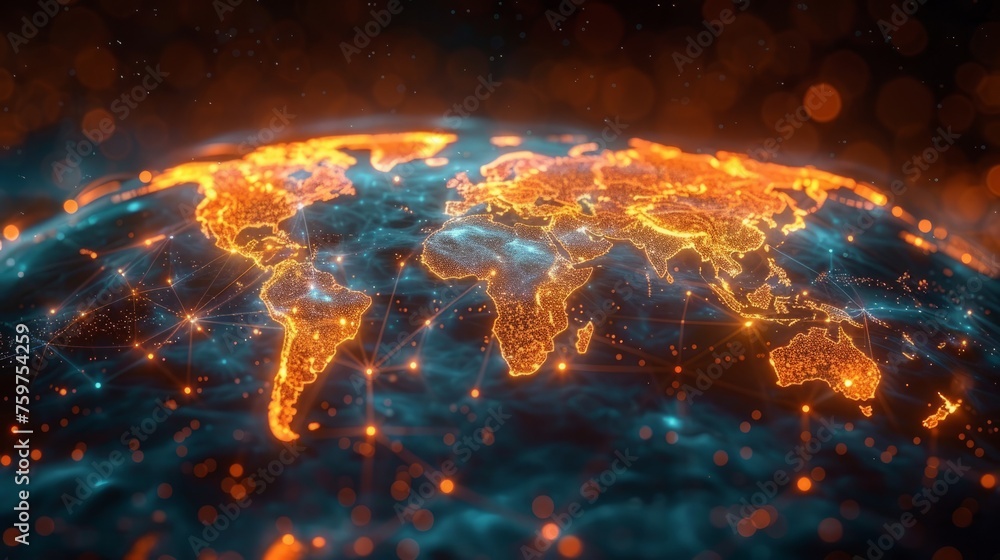 Glowing world map on dark background. Globalization concept ...