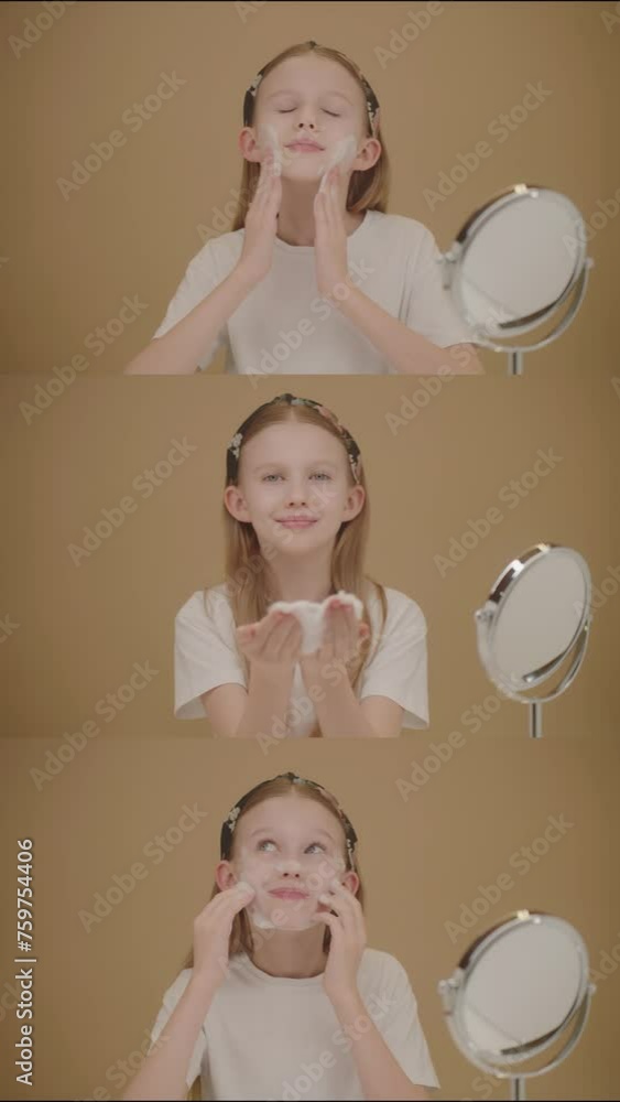 Multiple videos collage view. Funny Caucasian teenage girl washes face ...