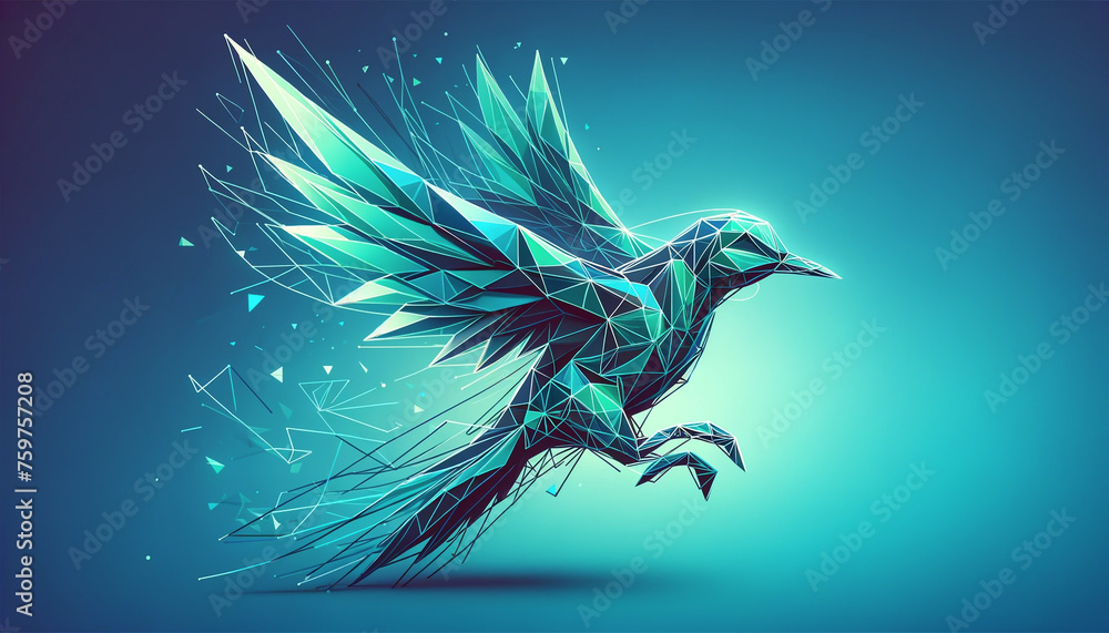 Stylized bird in flight, made of geometric triangles for a fragmented ...