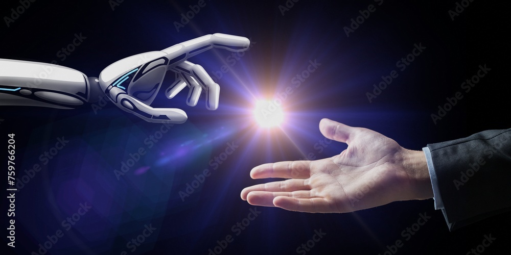 White cyborg robotic hand pointing his finger to human hand with ...