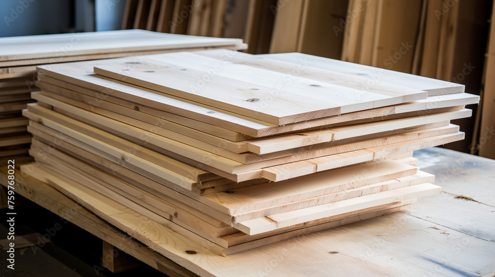 Stack of boards on a sales table or shelf in a warehouse or DIY Stock ...