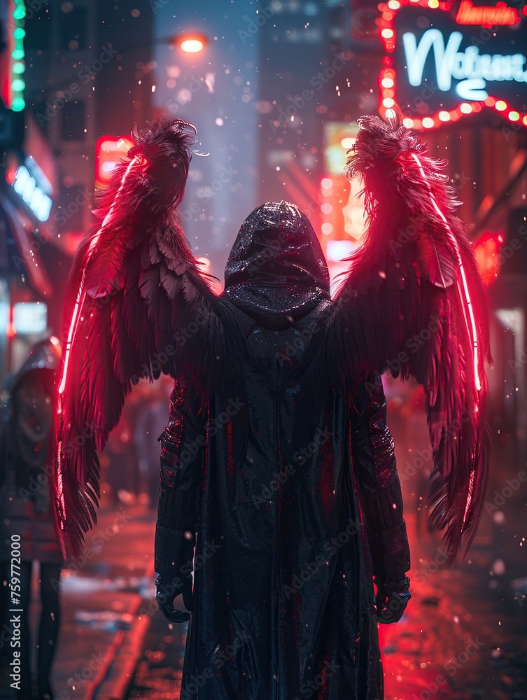 Mothman, wings, cryptid, standing in a bustling city square, under the ...
