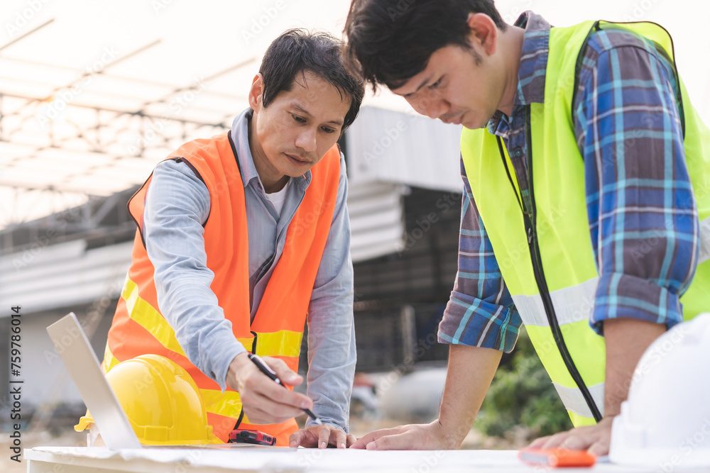 Builder team, hand of two asian young engineer, architect man, male ...