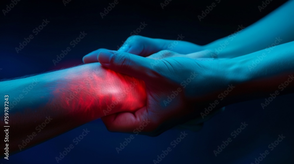 The person hand touches the hand, with a slight red glow around the ...