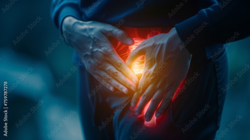 The person hand touches the pelvis, with a slight red glow around the ...