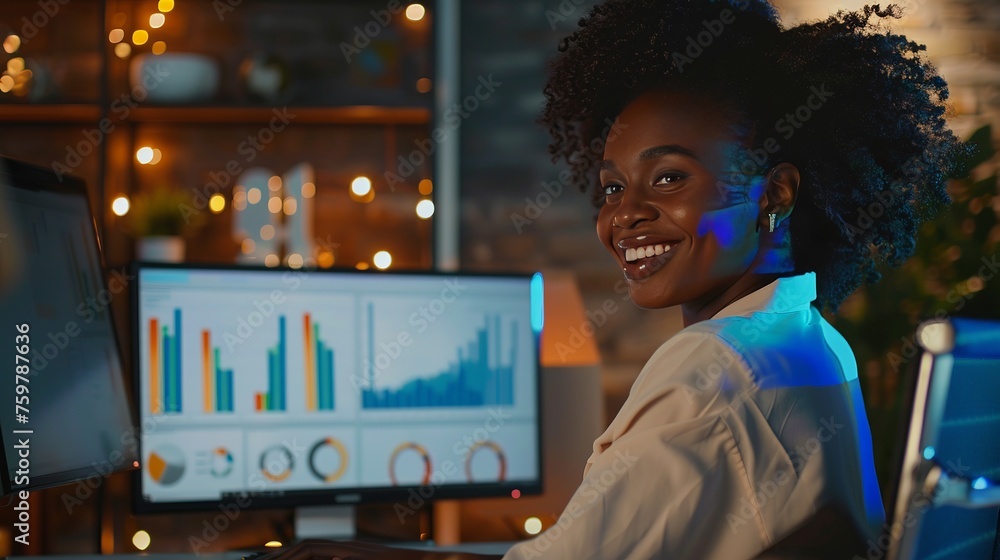 African American Female Smiling While Checking Data and Statistic ...
