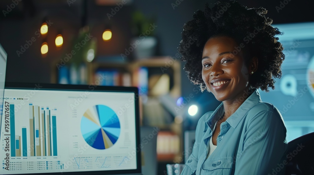 African American Female Smiling While Checking Data and Statistic ...