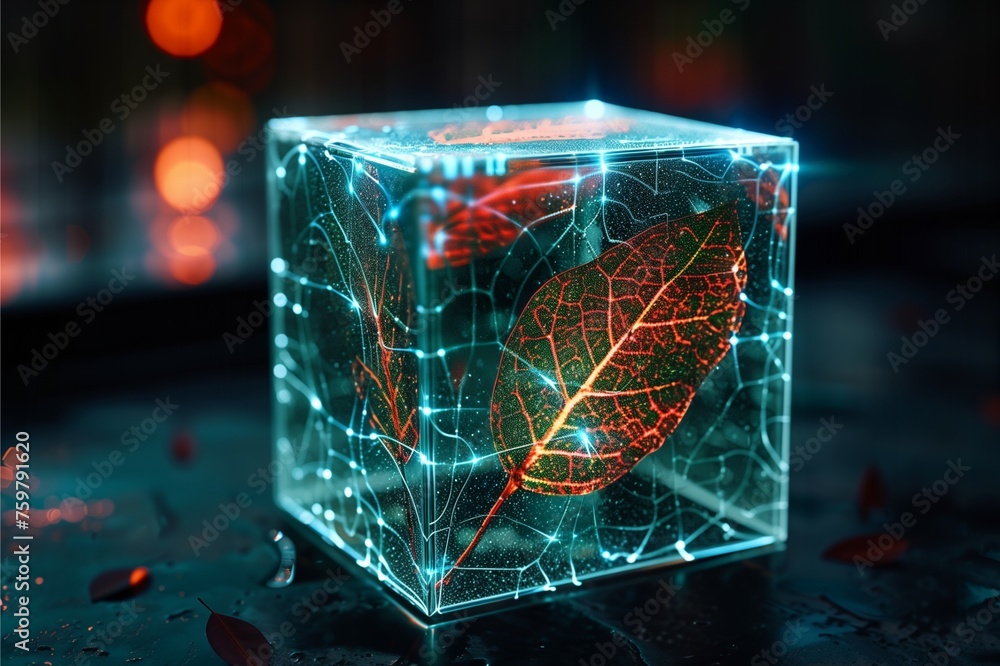 plant cells or leaves cells in technology cube with futuristic vibe for studying and research ...
