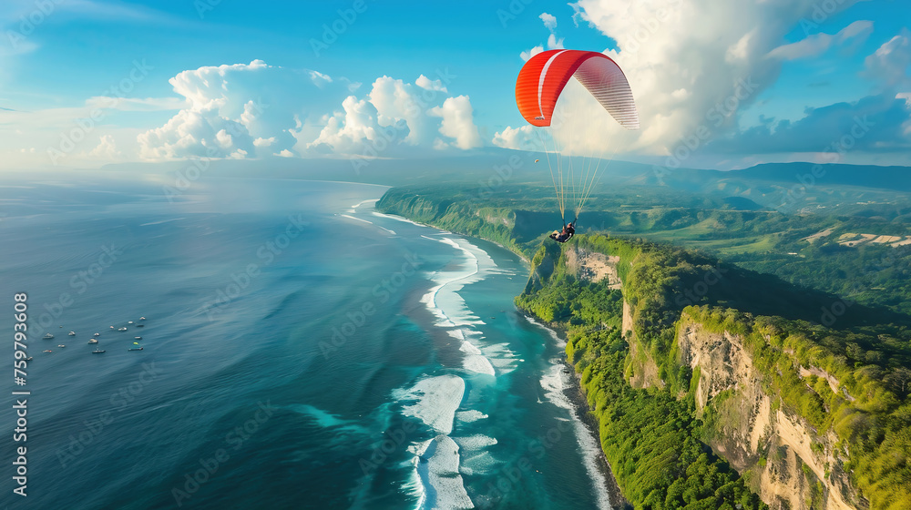 Paragliding in the sky. Paraglider tandem flying over the sea with blue ...