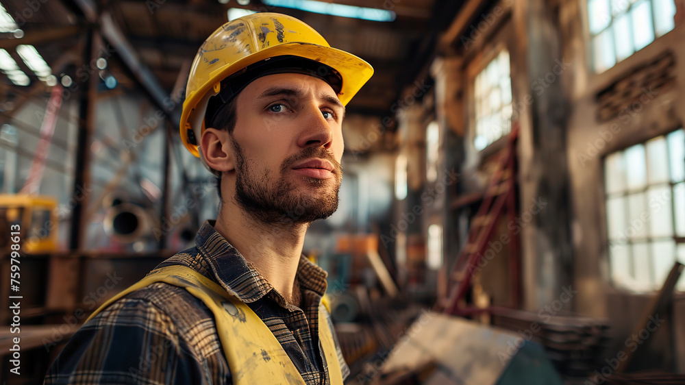 portrait of a construction worker in a helmet, construction worker with ...