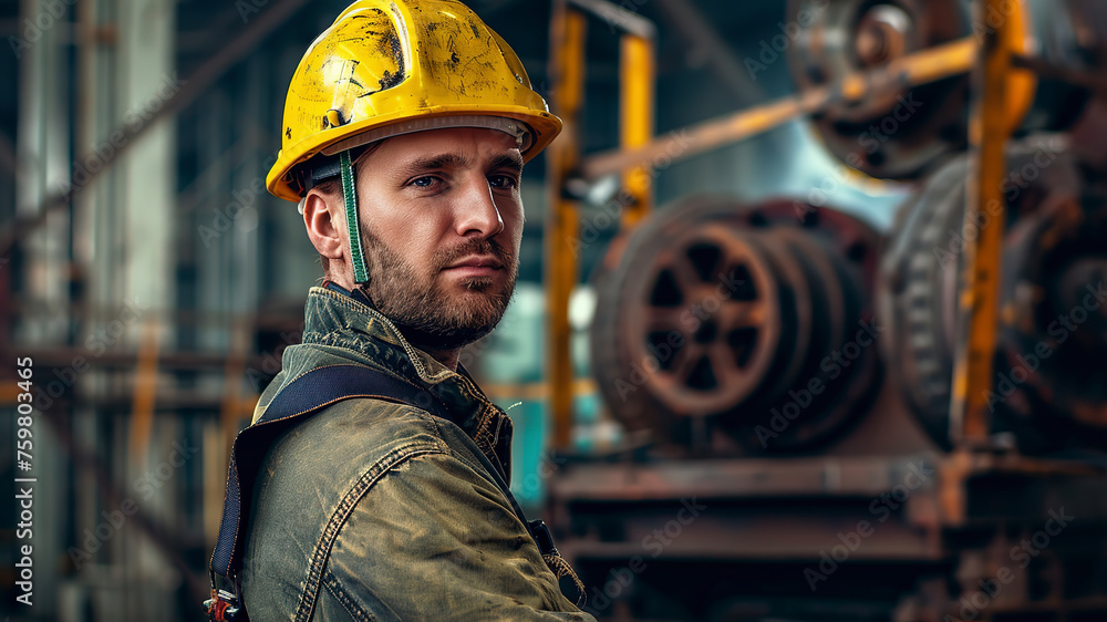 portrait of a construction worker in a helmet, construction worker with ...