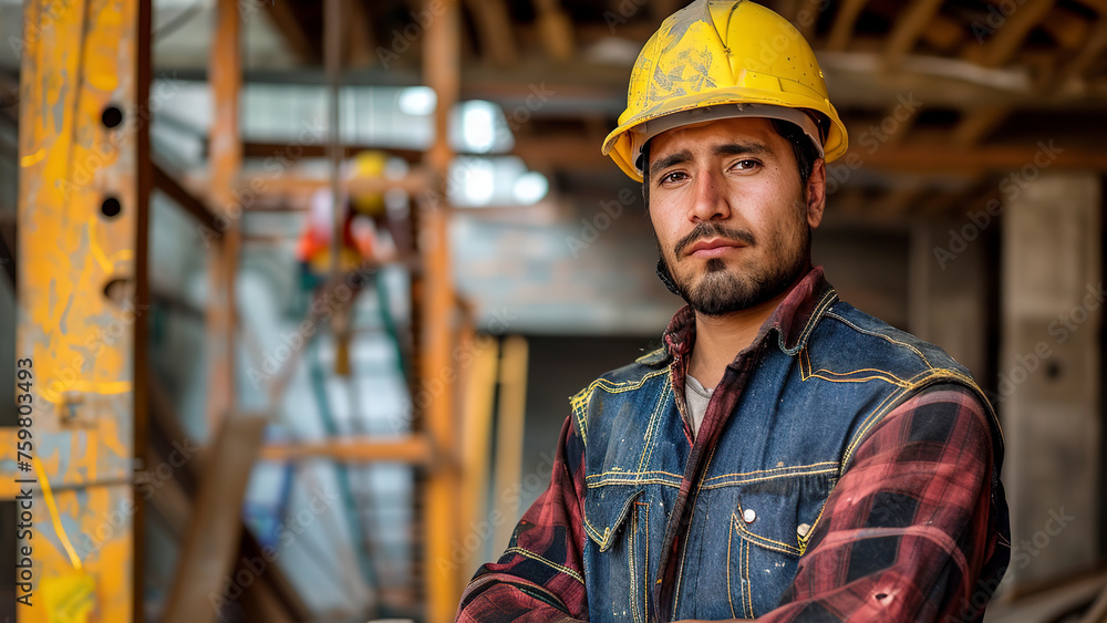portrait of a construction worker in a helmet, construction worker with ...