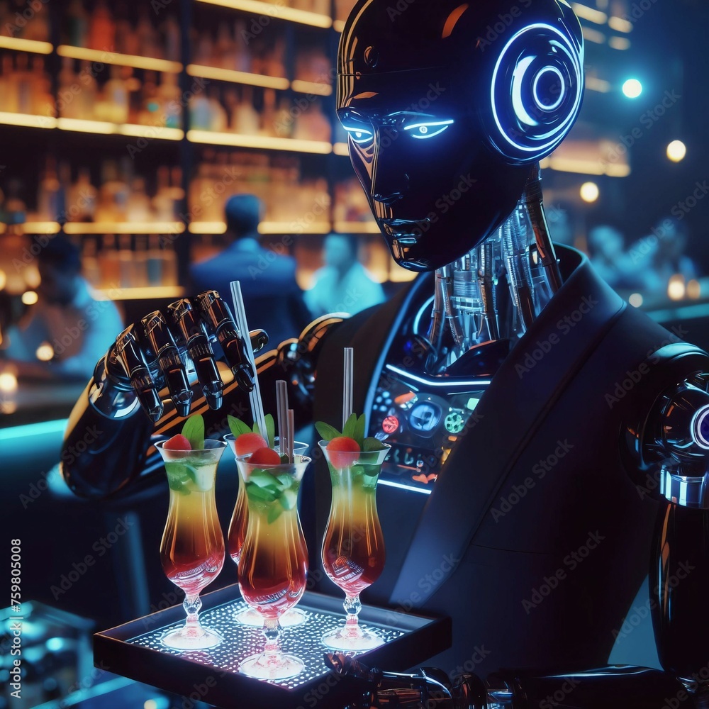 Humanoid robot bartender mixing drinks in a modern bar with neon lights. Robotic barman serves ...