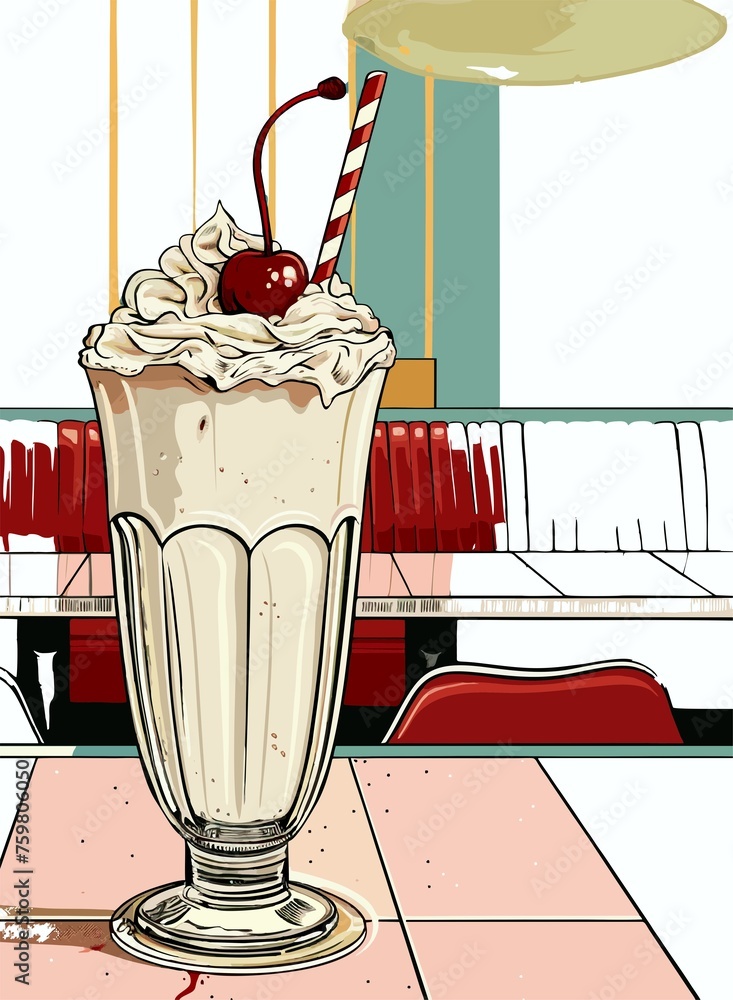 Nostalgic rendering of a creamy milkshake on the counter of a retro ...