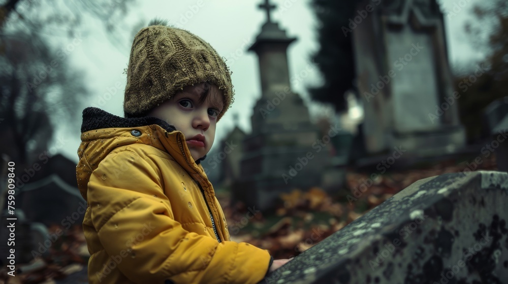 Sad child at a gravestone in a cemetery near a monument. Concept: grief ...