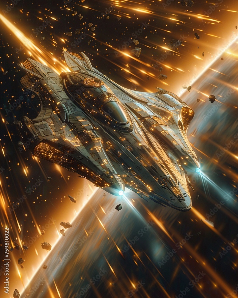 Interstellar battleship, titanium hull, fearsome and powerful, engaging ...