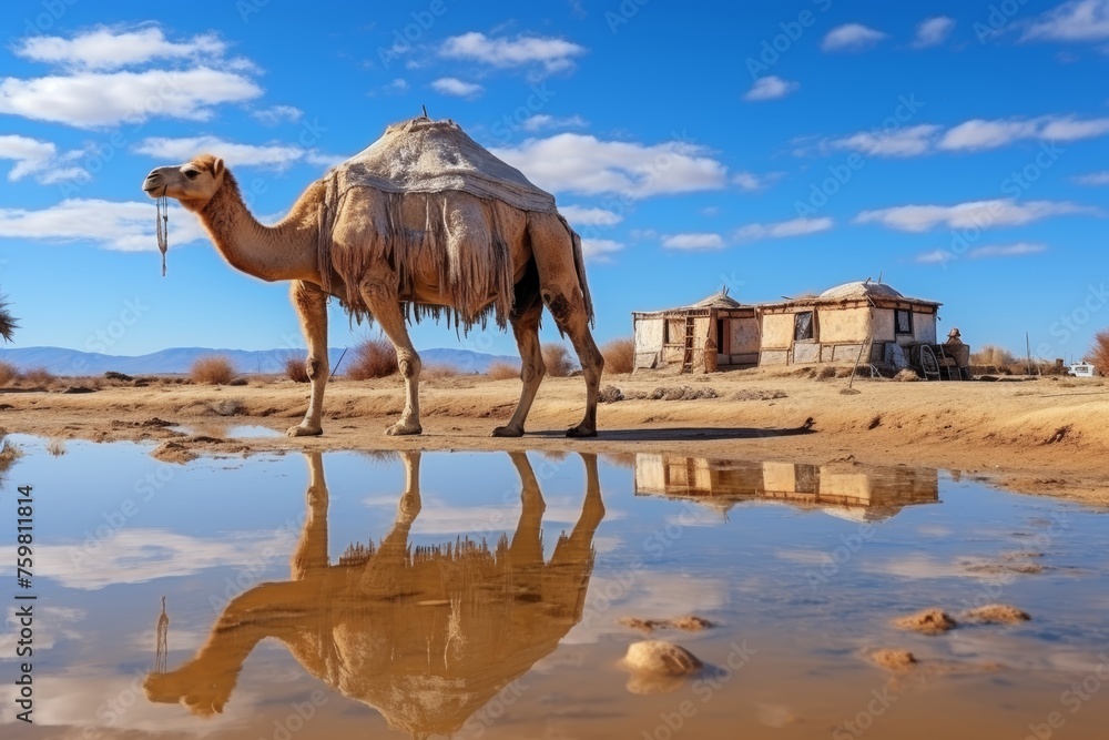 Breathtaking central asian landscape. traditional tents and camels in ...