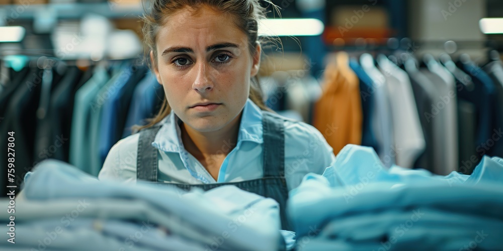 A retail worker folding clothes with a close-up on their face, showing ...