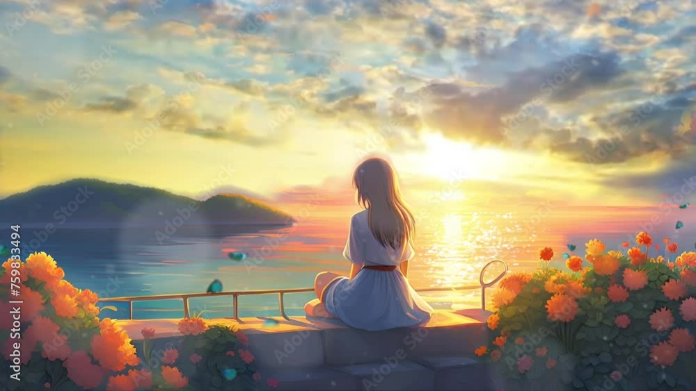 anime girl watching sunset at the ocean digital art, painting, anime ...
