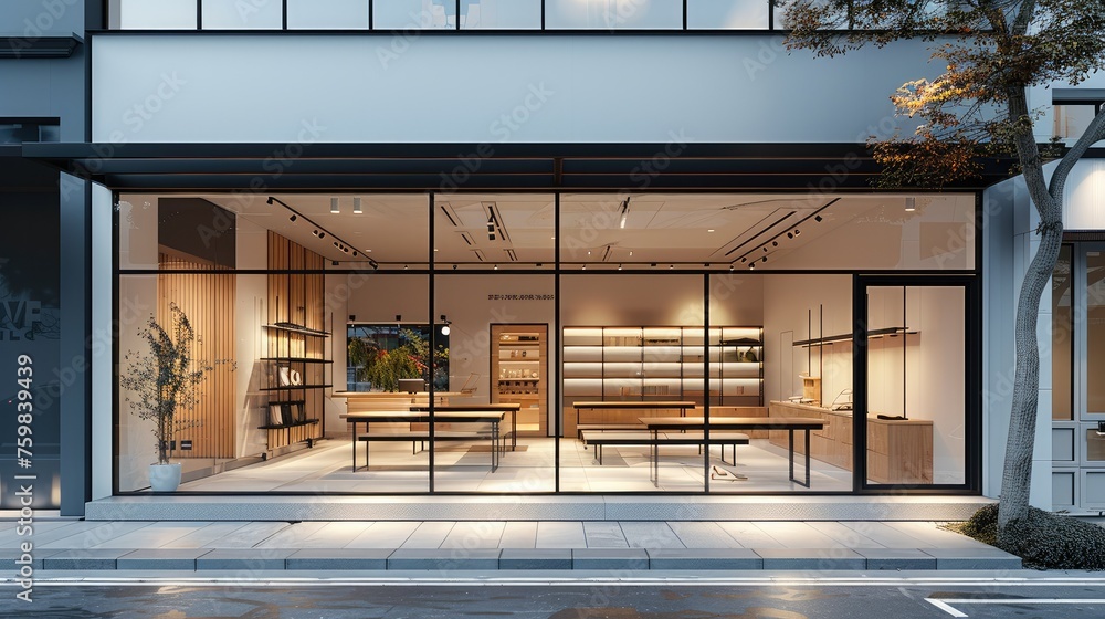 Storefront with white walls and black metal accents, glass windows ...